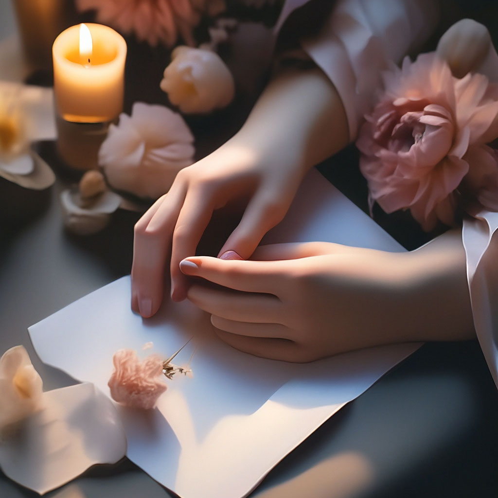 "Beautiful hands, letter, envelope, delicate flowers, candles, white ...