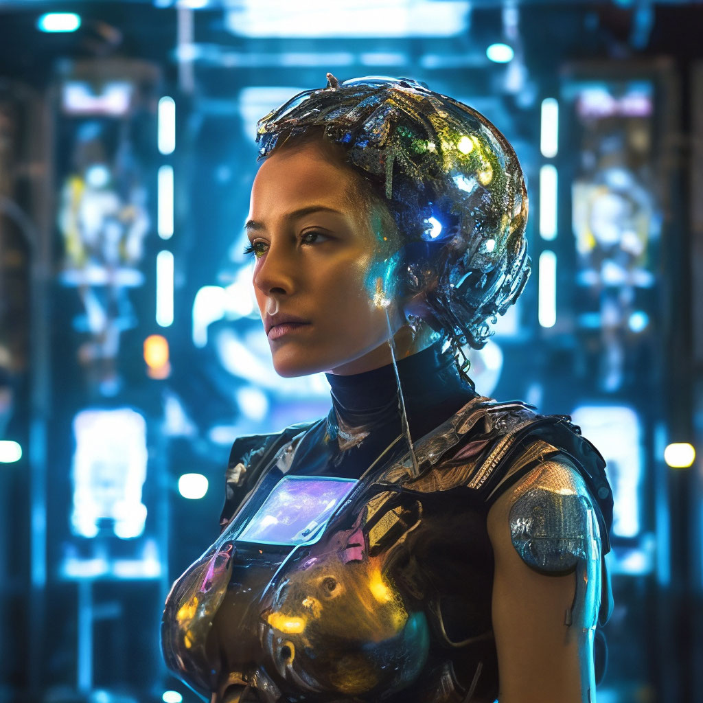 "Portrait photo, against a black wall, the head of a female cyborg ...
