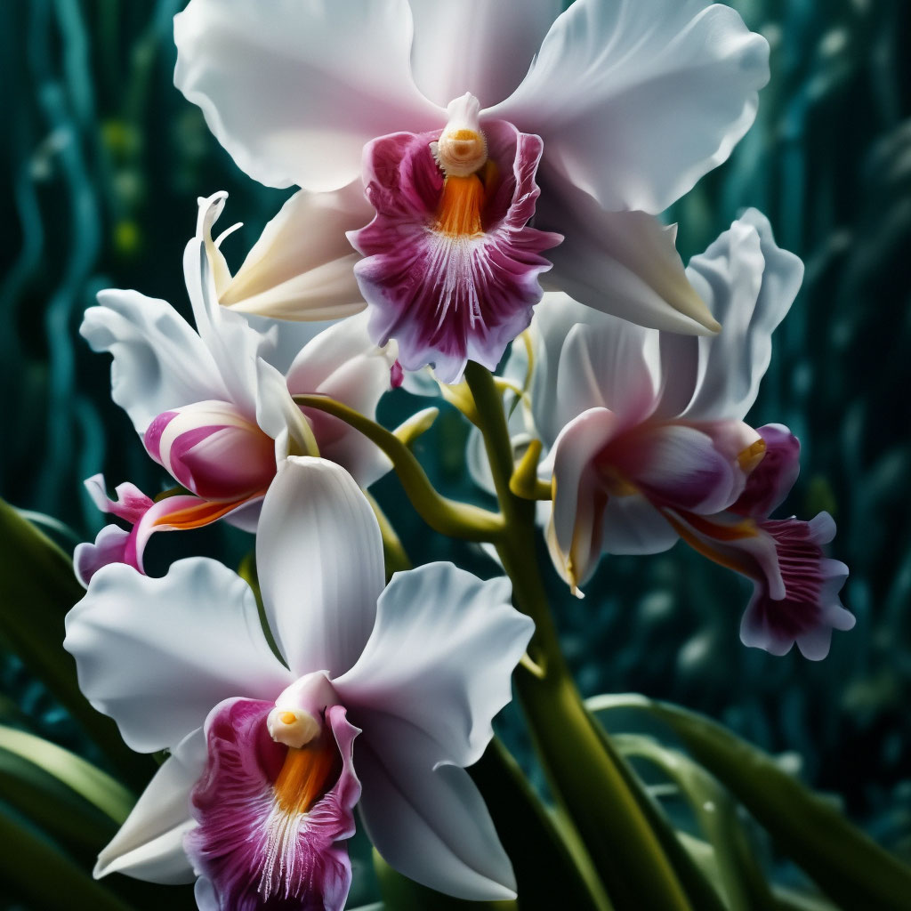 "Blooming orchid grows on the ocean floor, algae, fish, shells clearly ...