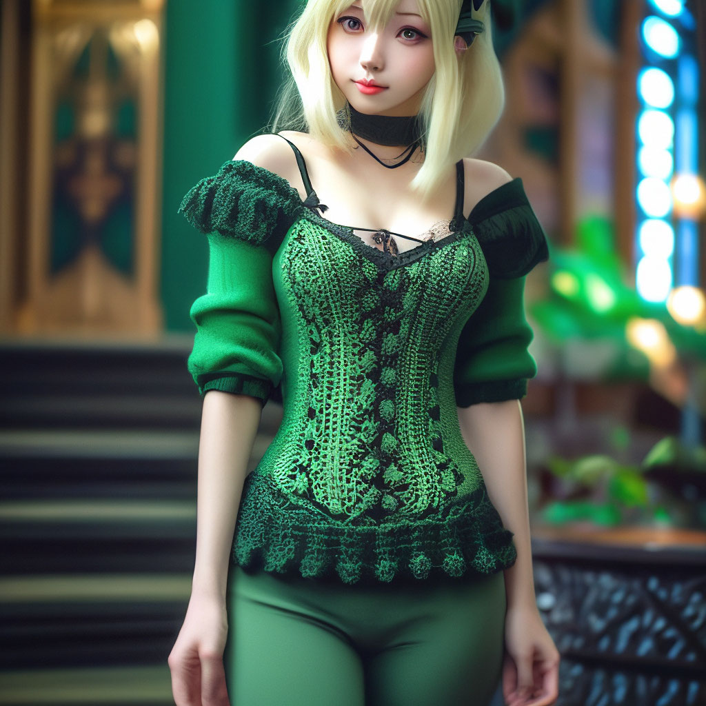"Cute anime woman in a rich green dark knitted corset, flounces ...