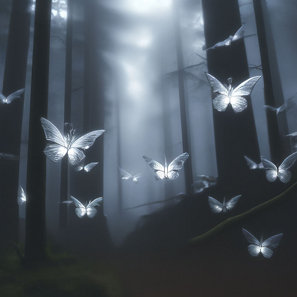 "Silvery ghostly butterflies flying in the dark forest" — image created ...
