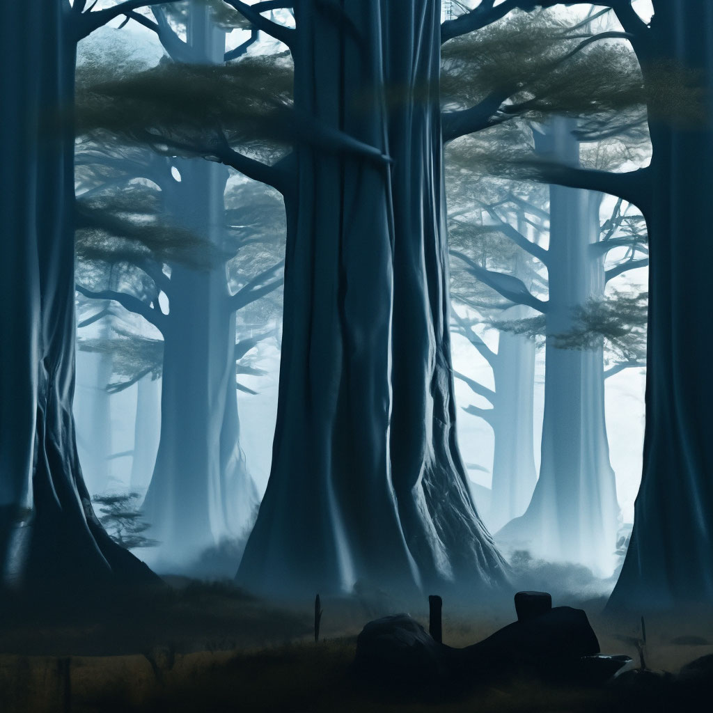 "Fog in the night forest, a sharp rise up,distant lights among the ...