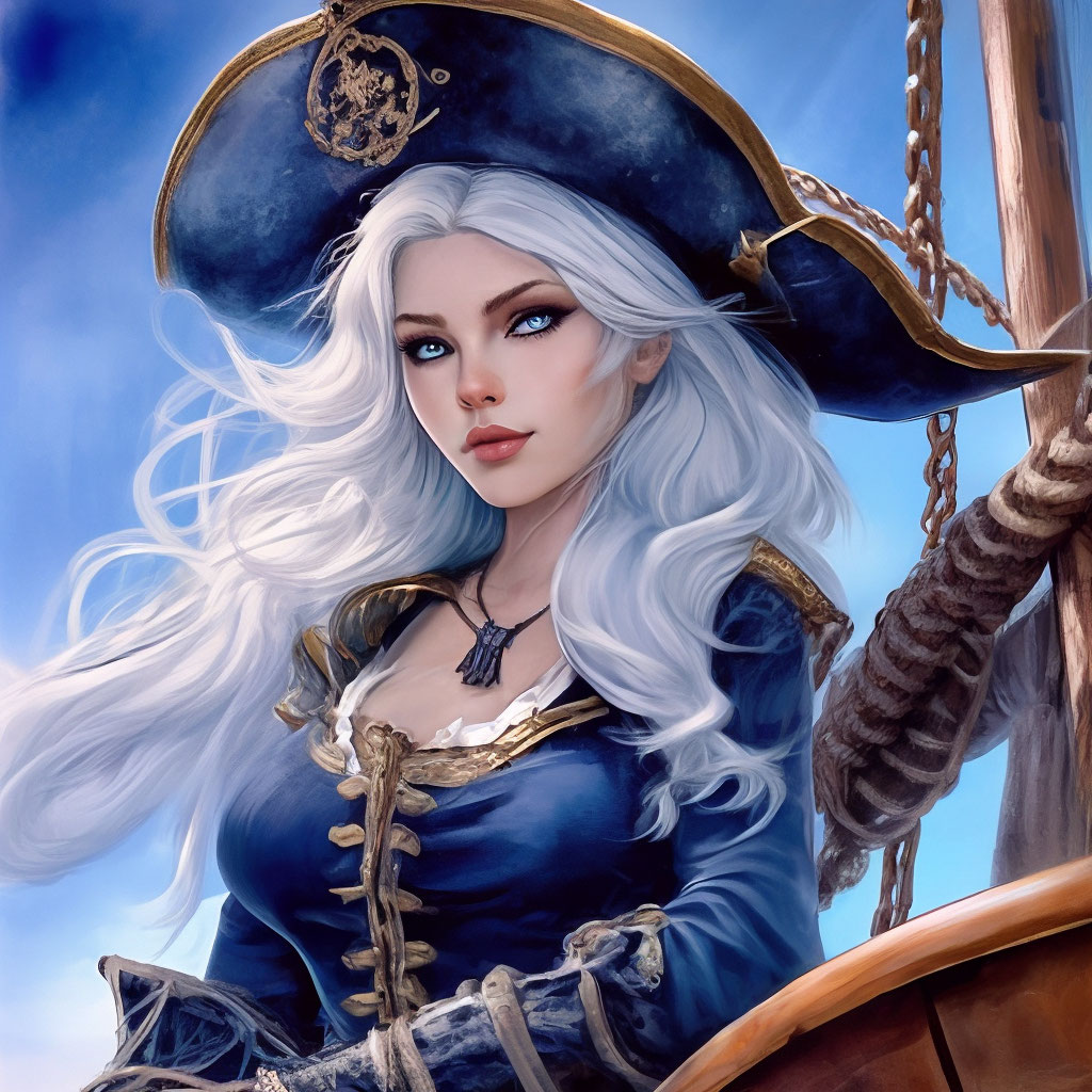 " ️Watercolor pencil drawing, pirates ship, beautiful cute ice mage ...