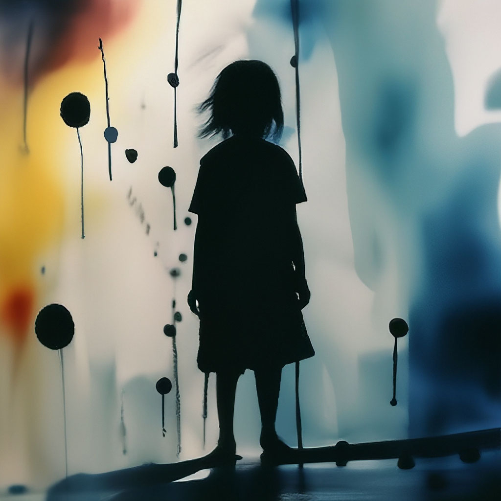 "Distorted silhouette looks at the viewer abstraction,dark colors,fear ...