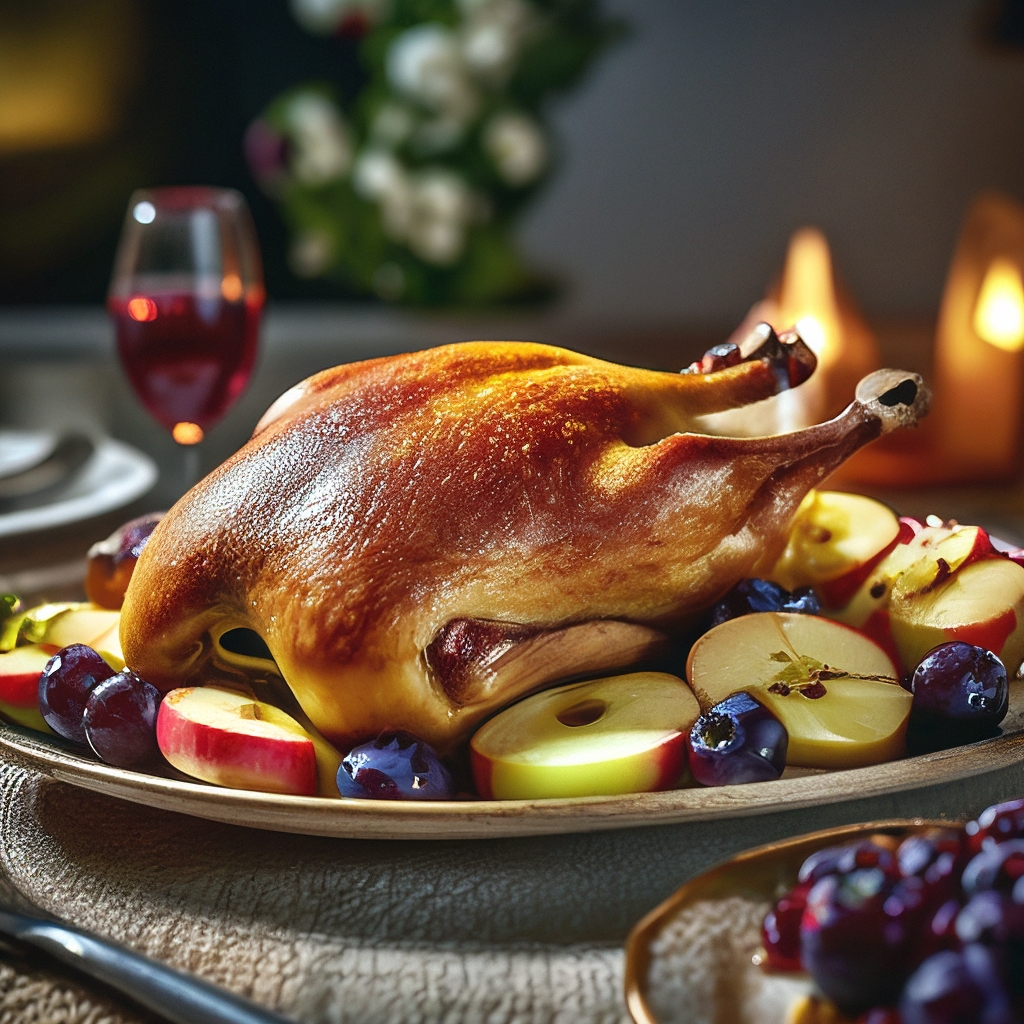 "Duck with apples, ruddy crust, close-up, restaurant serving, serving ...