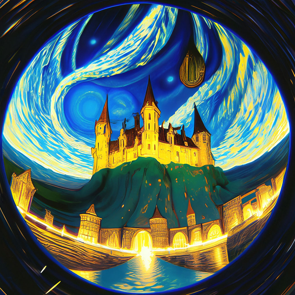 "Castle a comet falls from the sky, in the style of Van Gogh" — image ...
