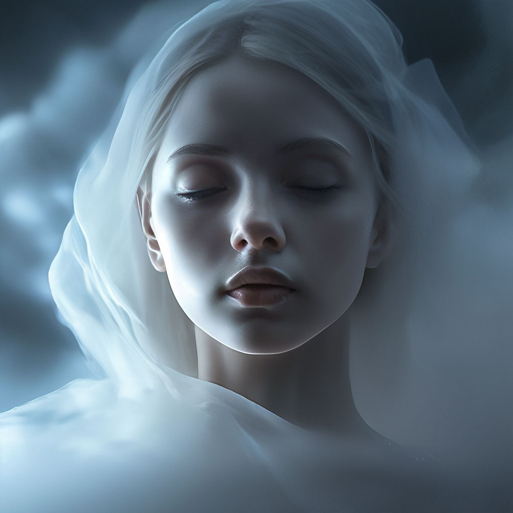 "Ghostly translucent face of a ghost girl among heavy gloomy clouds ...