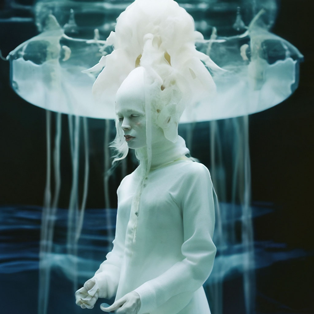 "Imbalance, strange sick albino humanoid in a huge transparent floating ...