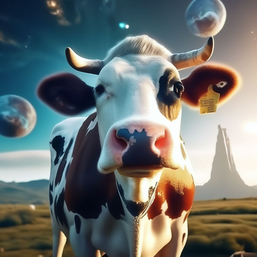 "Cow from another universe, realistic photo high resolution 128k ...