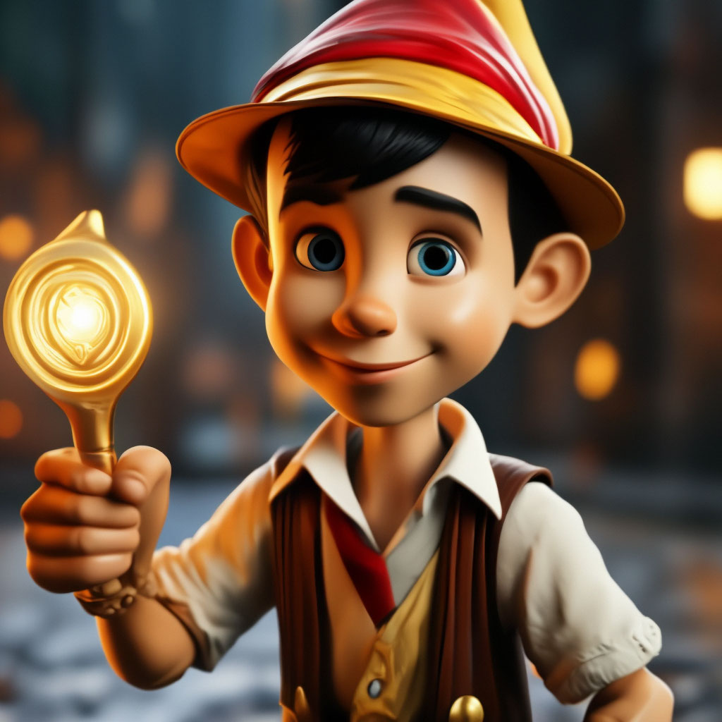 "Recreate a dynamic video story depicting a modern young man Pinocchio ...