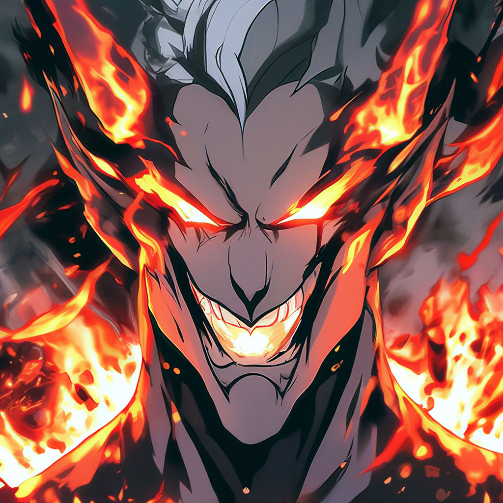"An adult handsome elder Incubus stands against a backdrop of lava ...