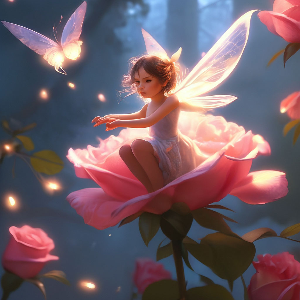 "A little fairy climbing out of a flower bud of a rose, transparent ...