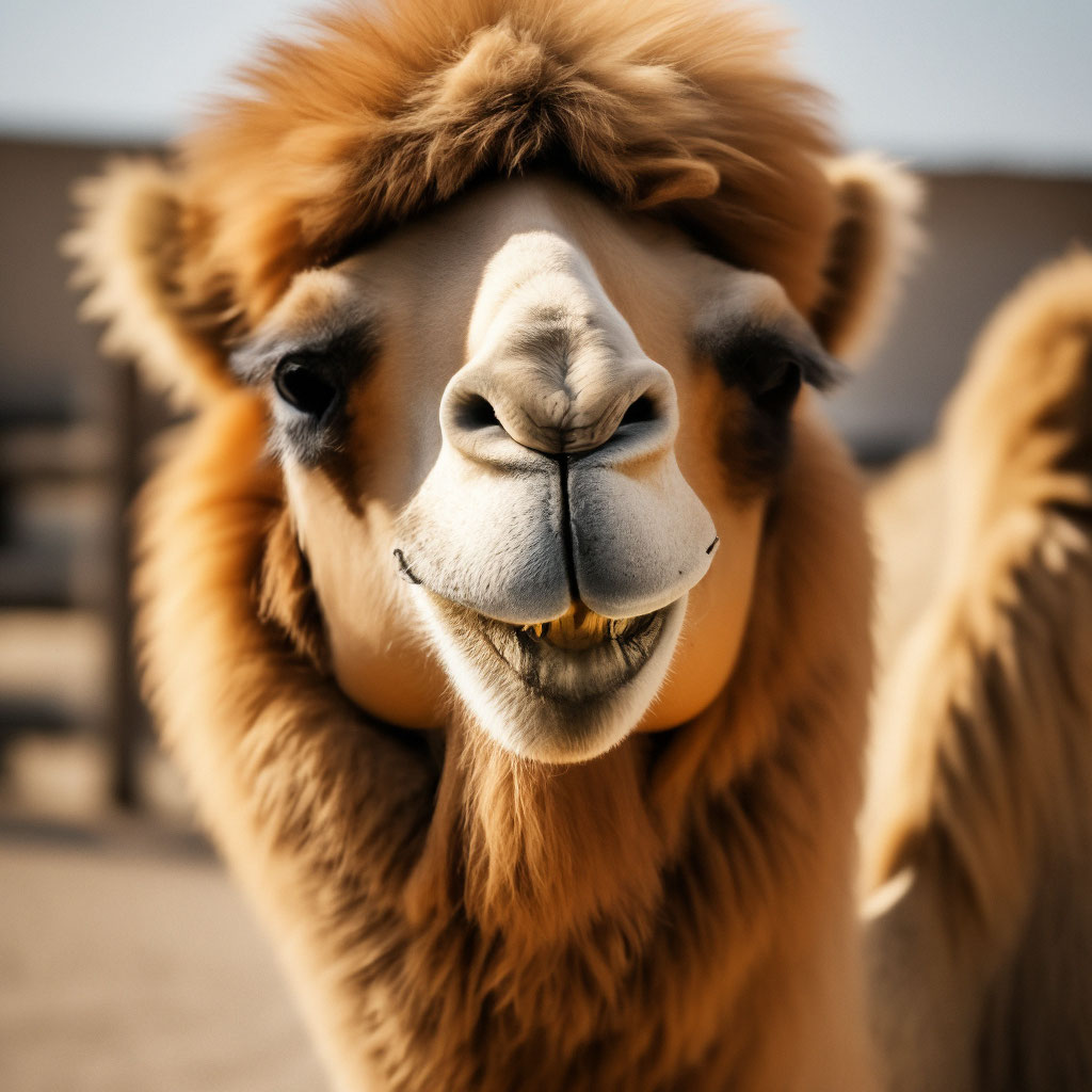 "Funny fluffy dark yellow camel, professional photo, ISO 600, 32k" — image created in Shedevrum