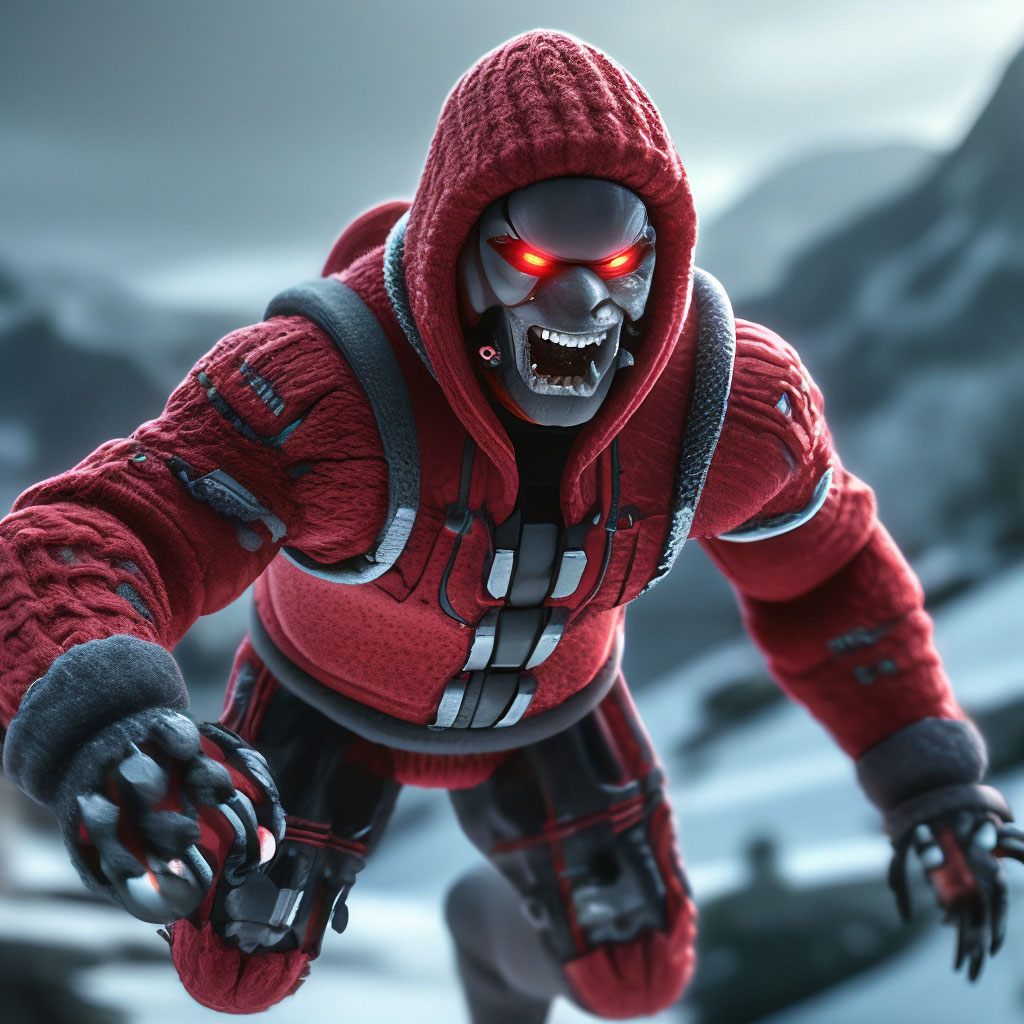 "A ferocious cyborg dressed in a cosy knitted КАПОТОВ hoodie is jumping ...