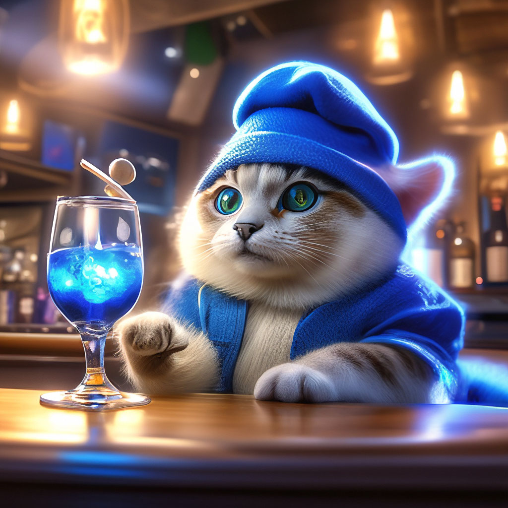 "The bartender is a capybara smurf, there is an epic glass wine glass ...