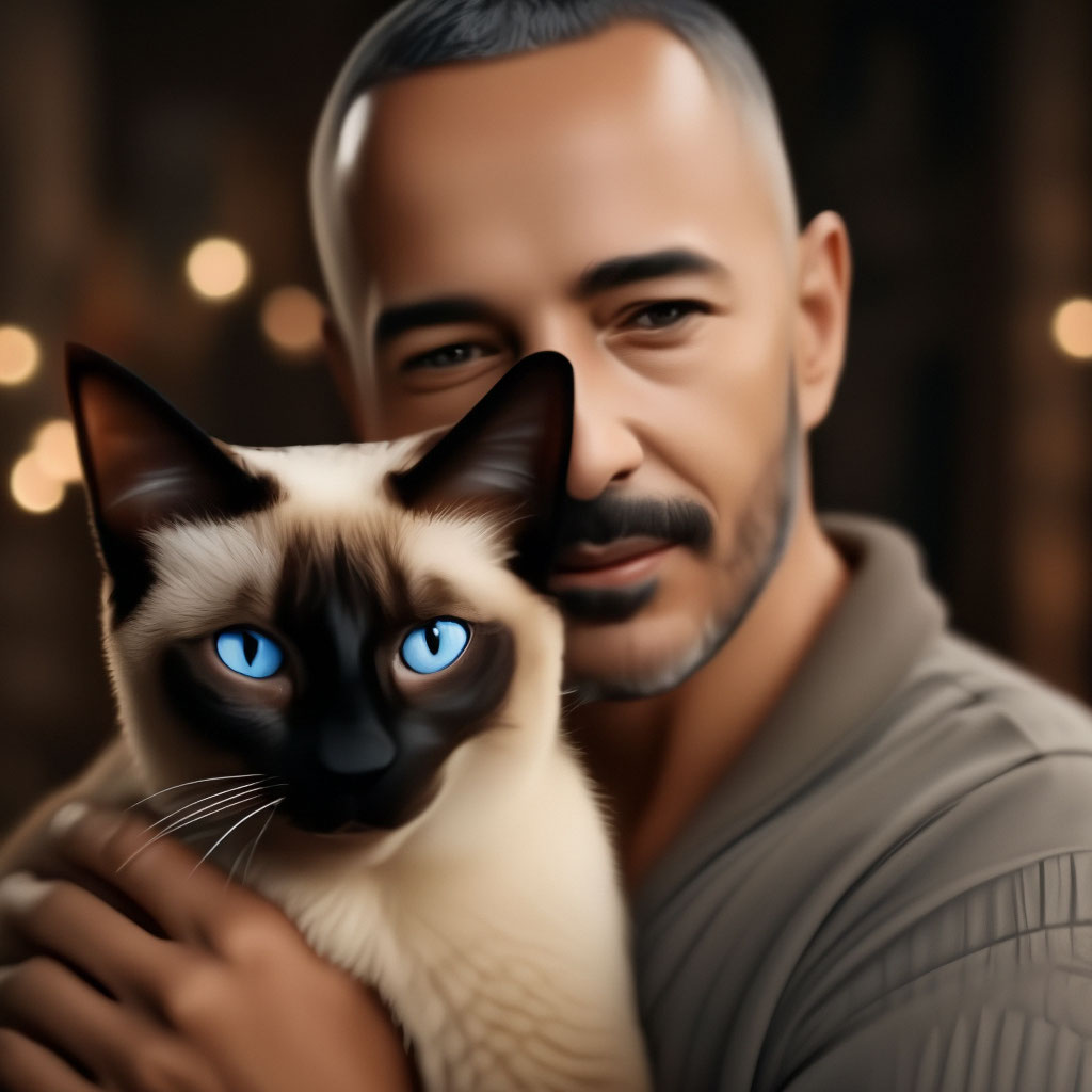 "ErosRamazotti holds a beautiful Siamese cat in his hands, realistic ...