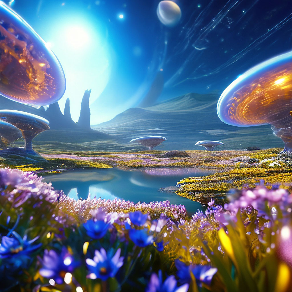 "Alien landscape,lake with blue highlights, fields near covered with ...
