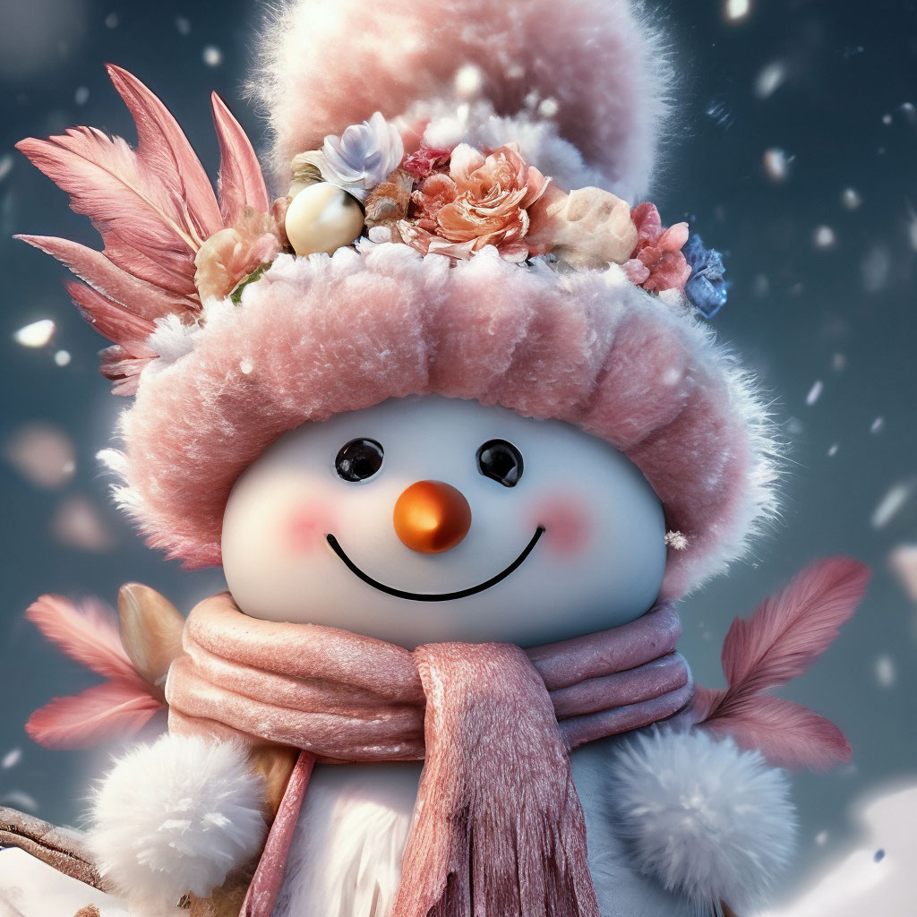 "The cutest snowman in a boho-style hat made of flowers and feathers ...