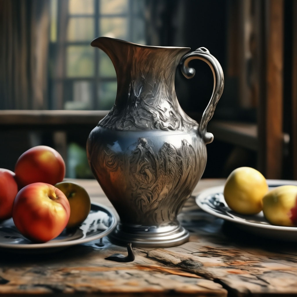 "On an old dilapidated table there is a tall jug, high detail, clear ...