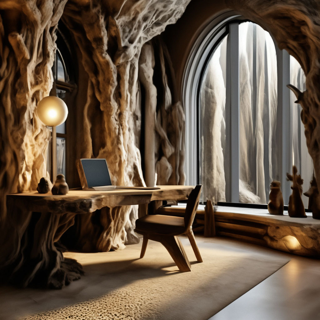 "Caveman apartment, desk near big window, stalactites, stalagmites ...