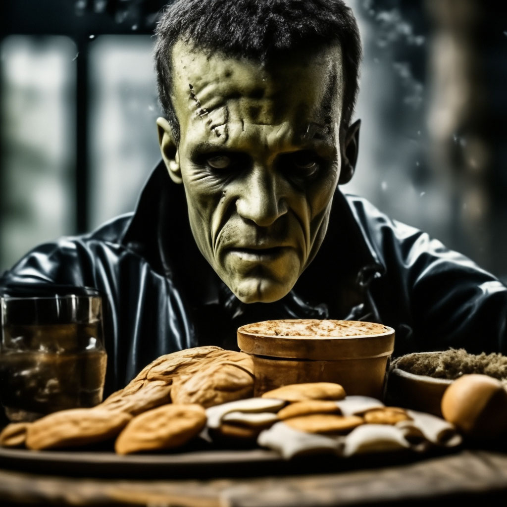"Frankenstein monster from the movie laughs, stitched scar on his ...