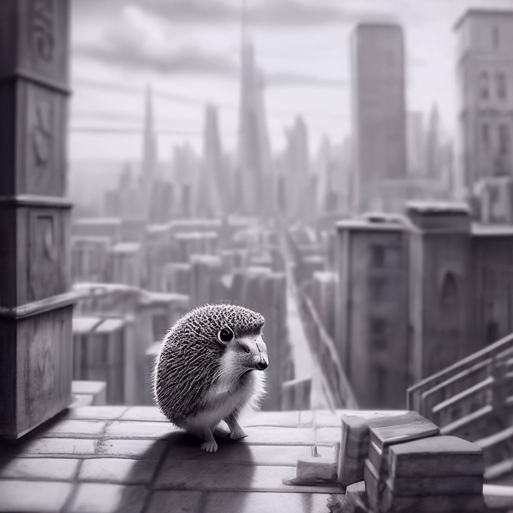 "A sad hedgehog in an empty city" — image created in Shedevrum