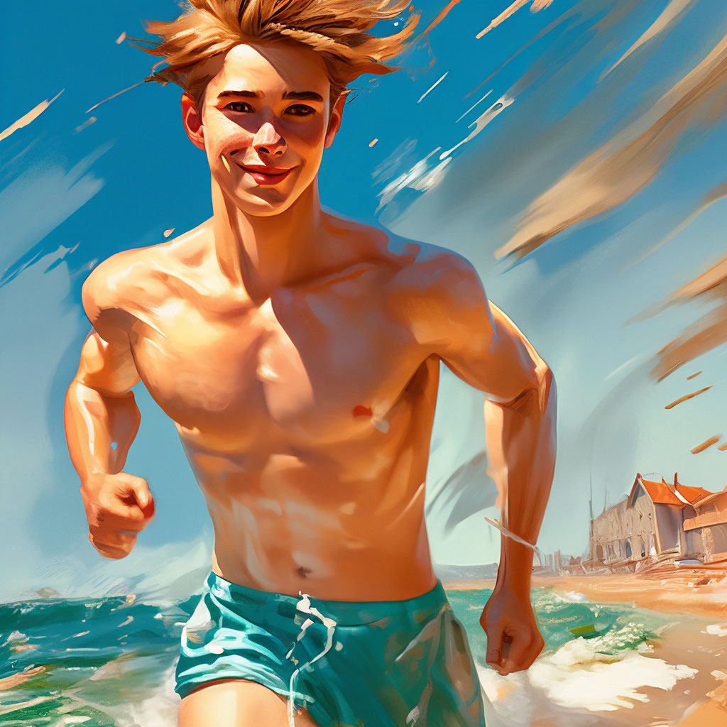 "A handsome young man with short wheat hair in turquoise swimming ...