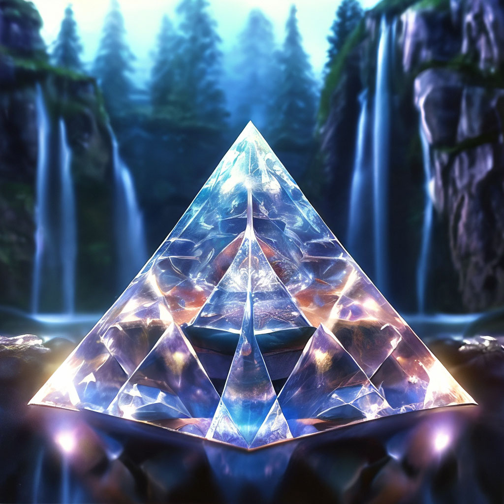 "Crystal transparent pyramid on the background of a fractal waterfall ...