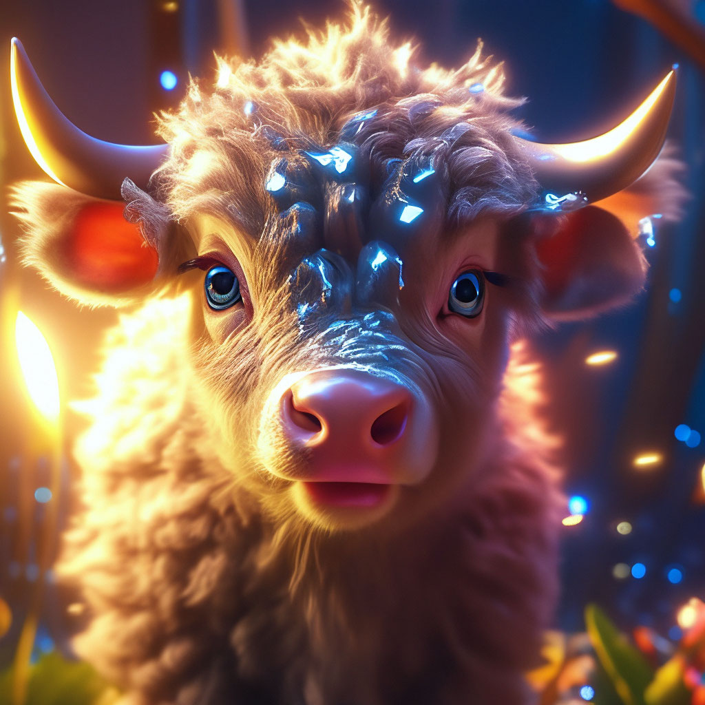 "Cute and fluffy bull looks into the frame, huge glowing unreal fantasy ...