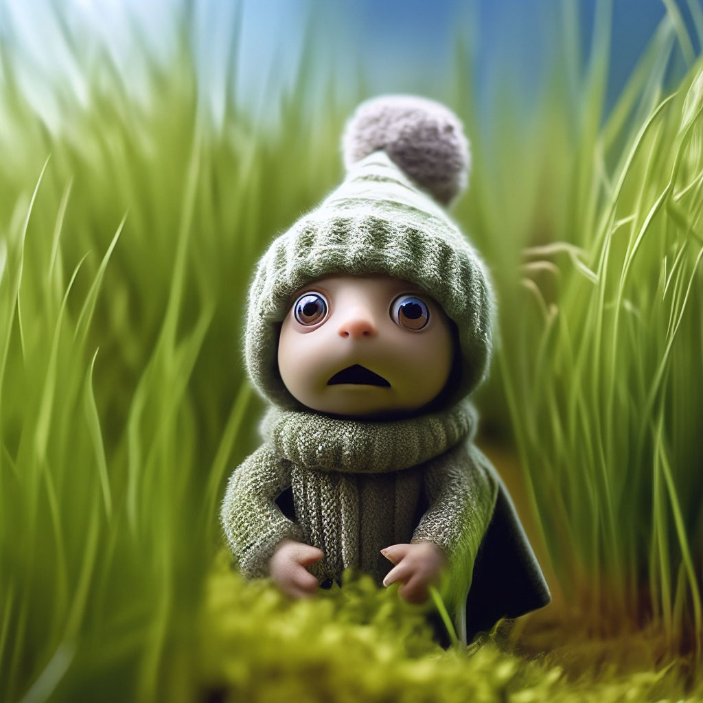 "A small humanoid anthropomorphic creature, with a knitted hat on his ...