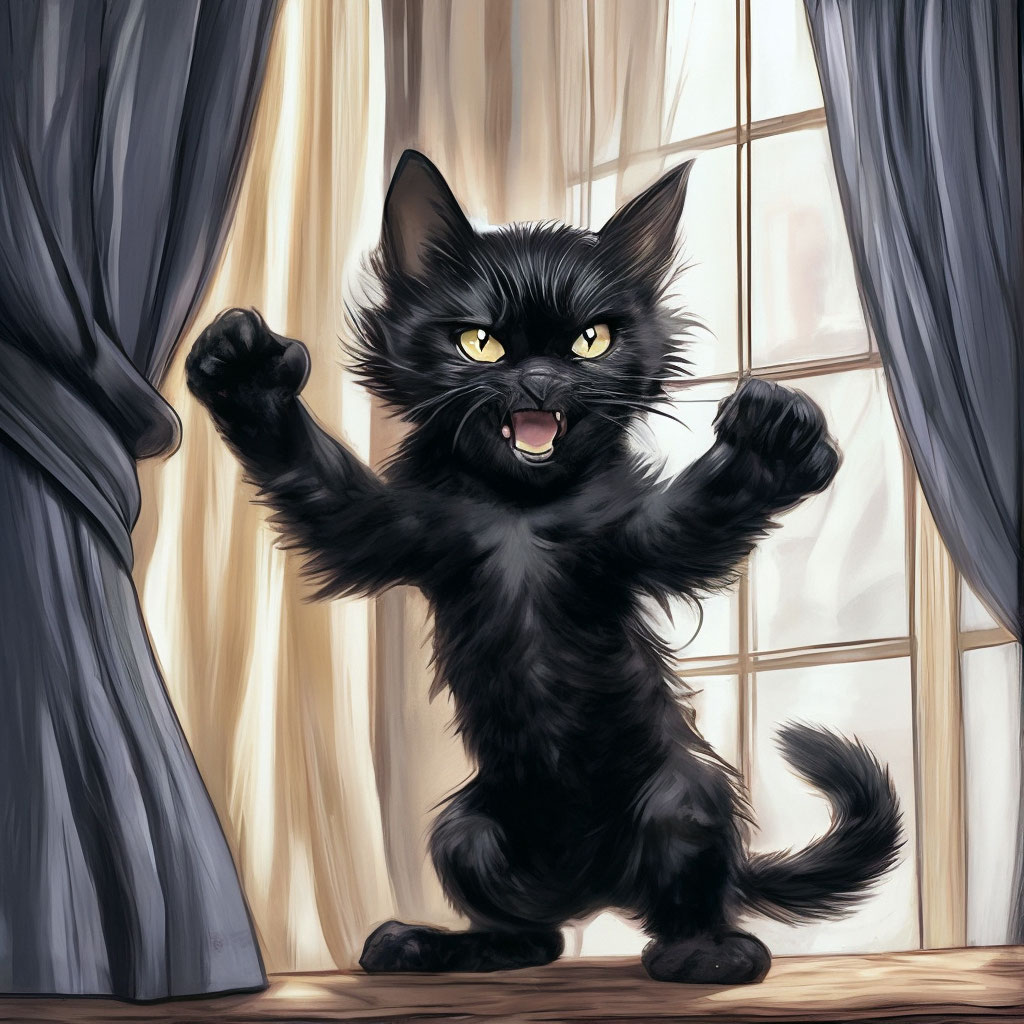 "Kitten smack , cartoon, disheveled angry black cat with thin paws ...