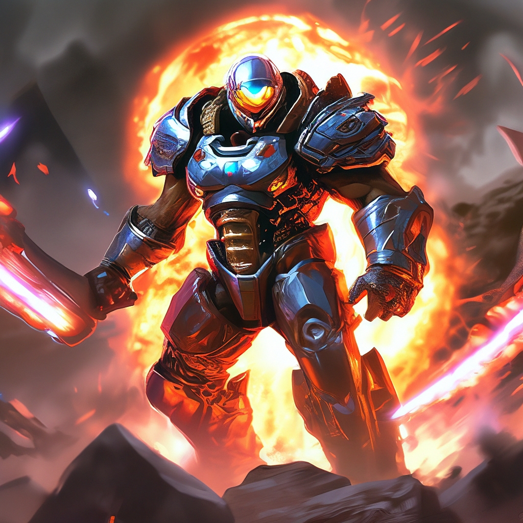 "Doomguy fire powerful armor" — image created in Shedevrum