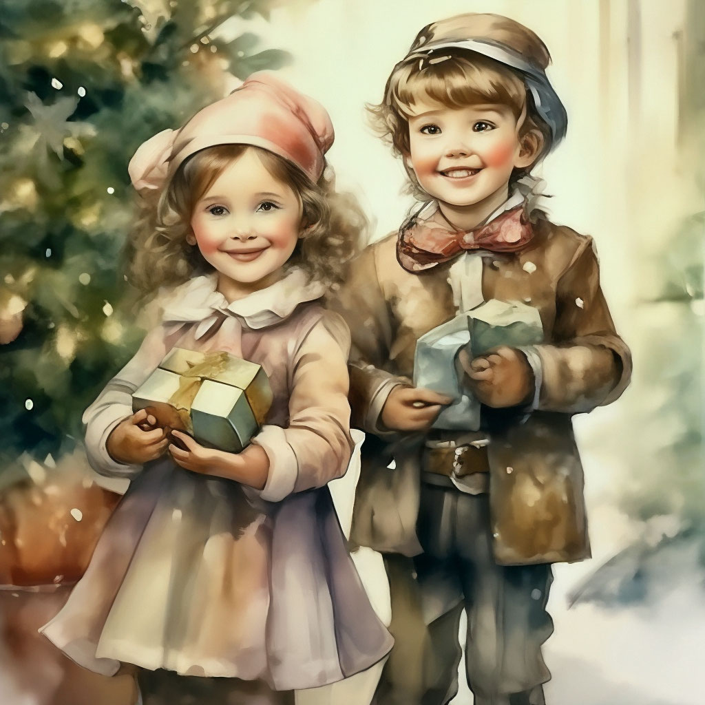 "Vintage Christmas card, happy children with gifts near the Christmas ...