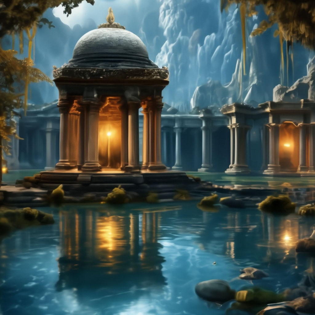 "Fantasy lake with clear black water,an ancient city at the bottom ...