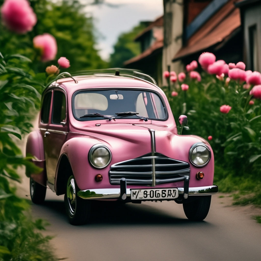 "A pink retro Renault is driving along the road, there are peonies on ...