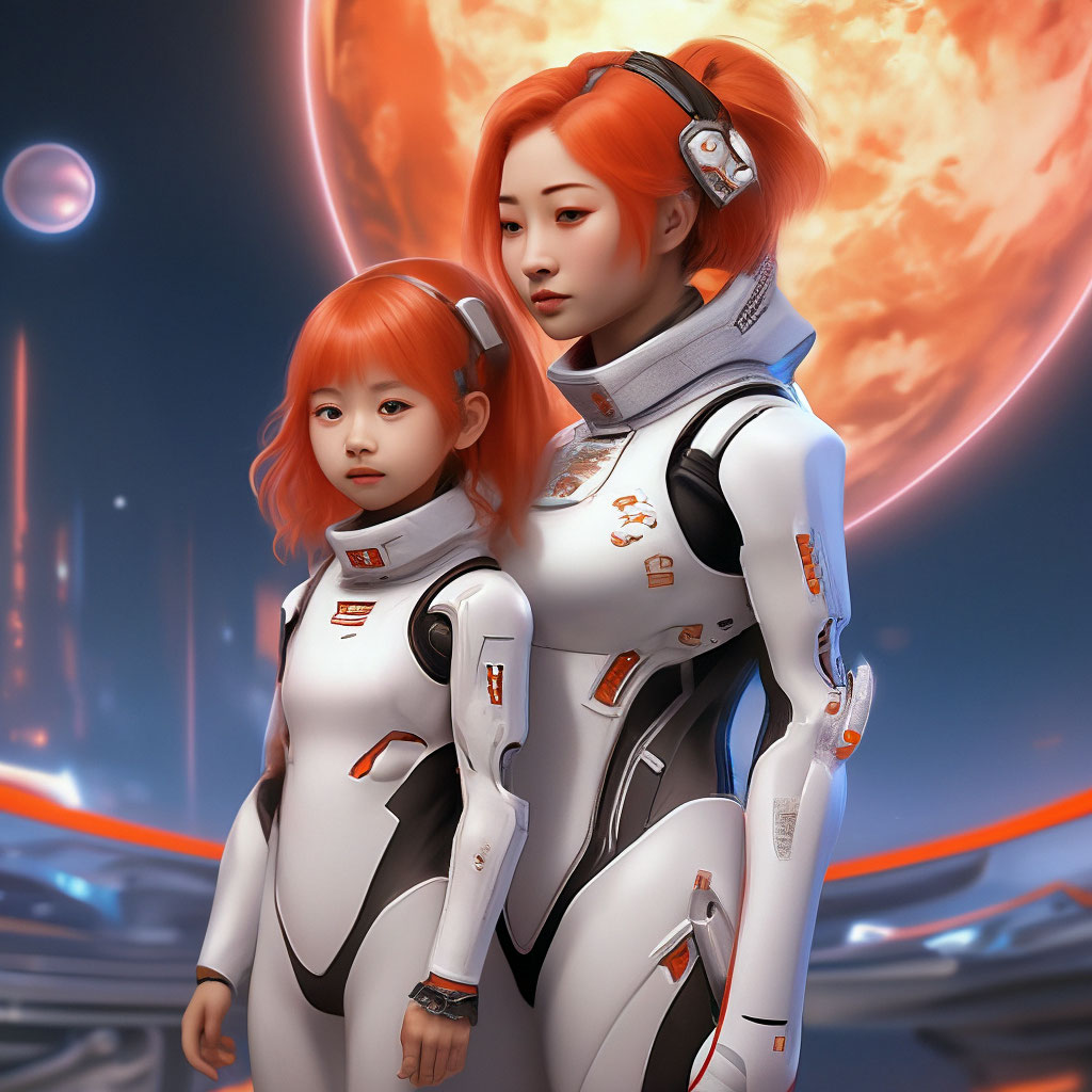 "Cyberpunk, mother and daughter cyborg, salmon hair, oriental ...