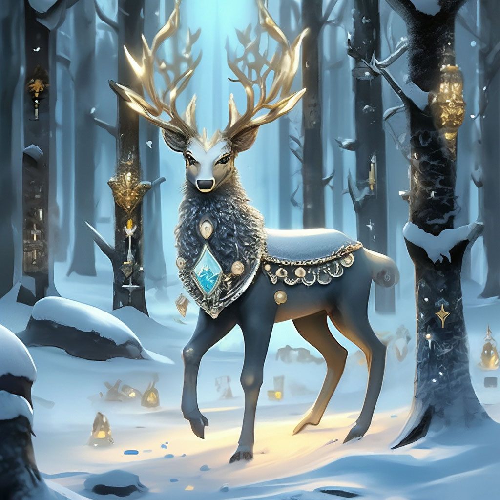 "Elegant fairy-tale young deer with silver hooves in the Ural winter ...