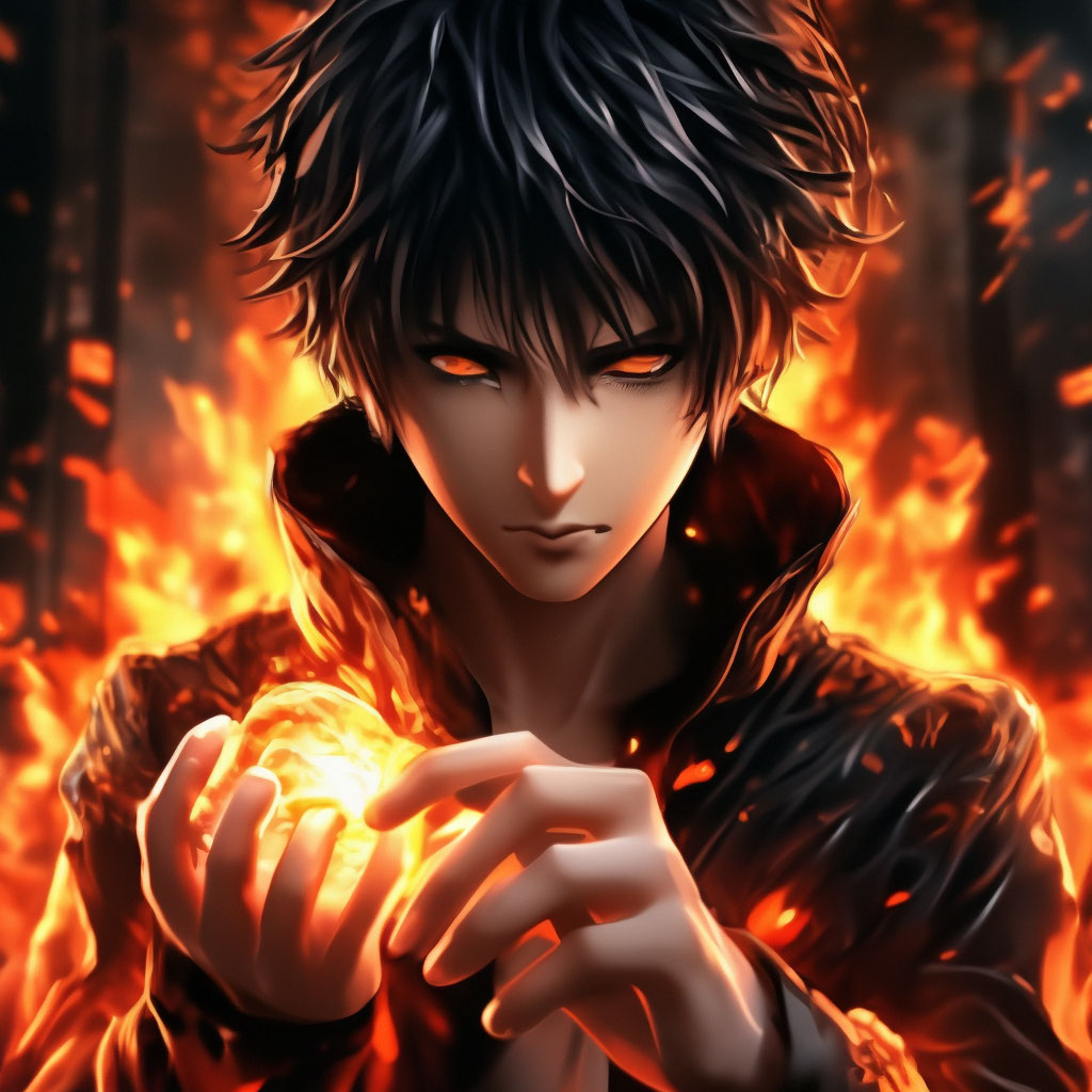 "The personification of fire, anime guy, anime style, darkness, crossed ...