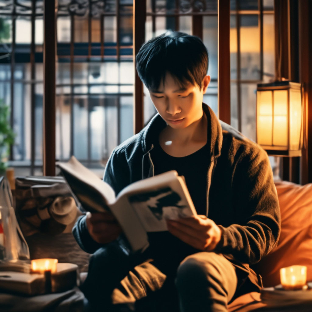 "Night,hdr, chinese agentsmith sitting on the couch and reading manga ...