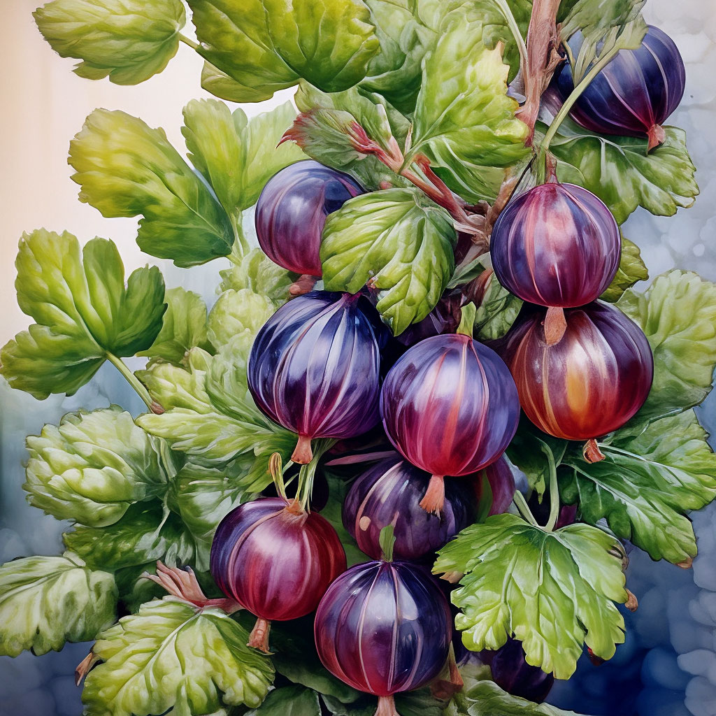 "Gooseberry bush, large, watercolor, photorealism, drawing details ...