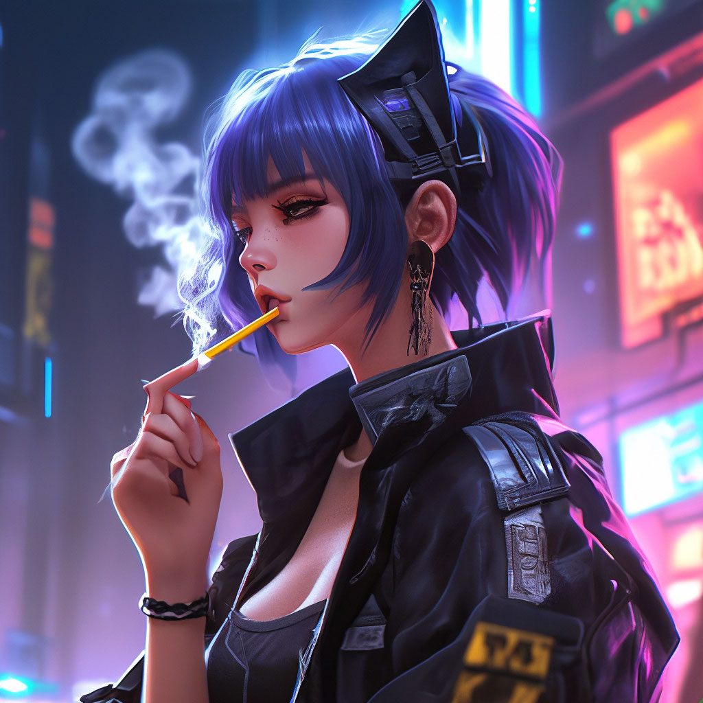 "Cyberpunk, square hairstyle, girl, smoking, smoke, anime style, 4k ...
