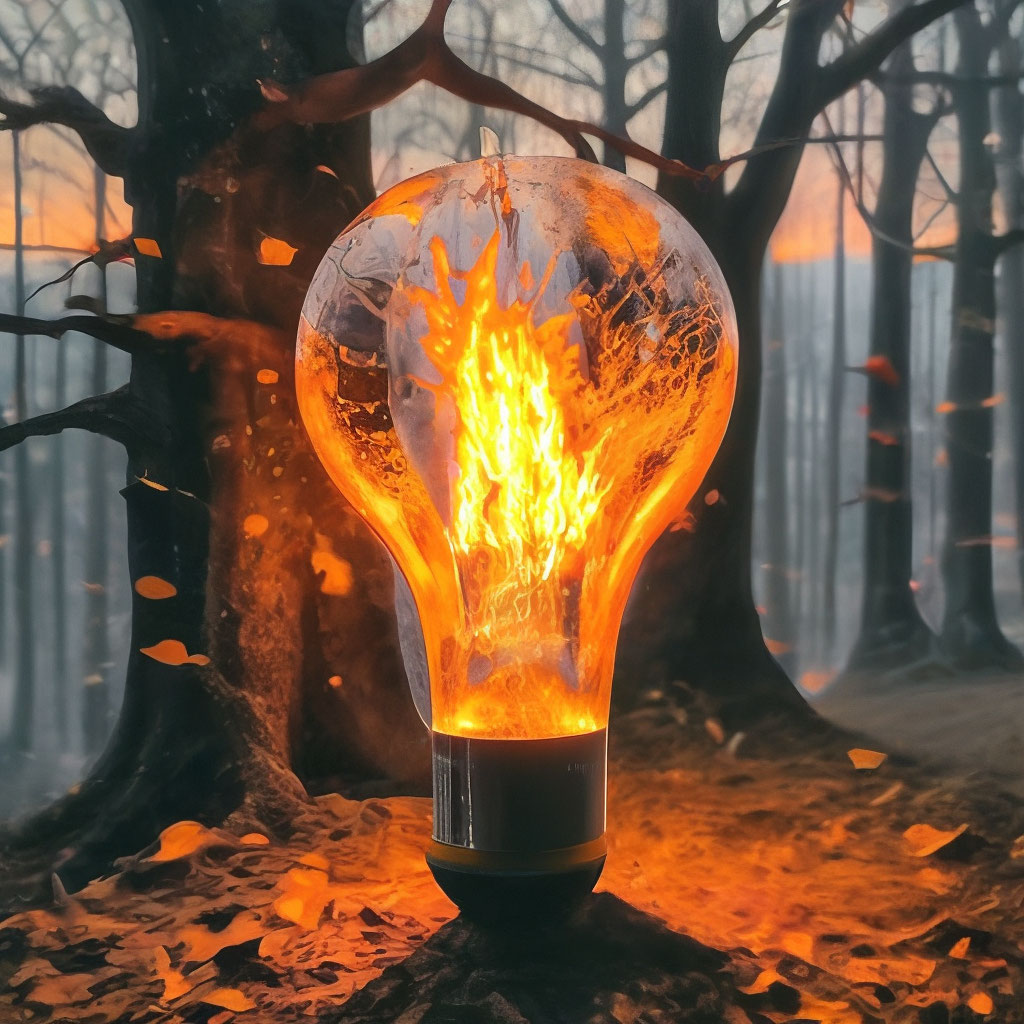 "Mystical Edison bulb, orange light, bonfire inside the bulb, century ...