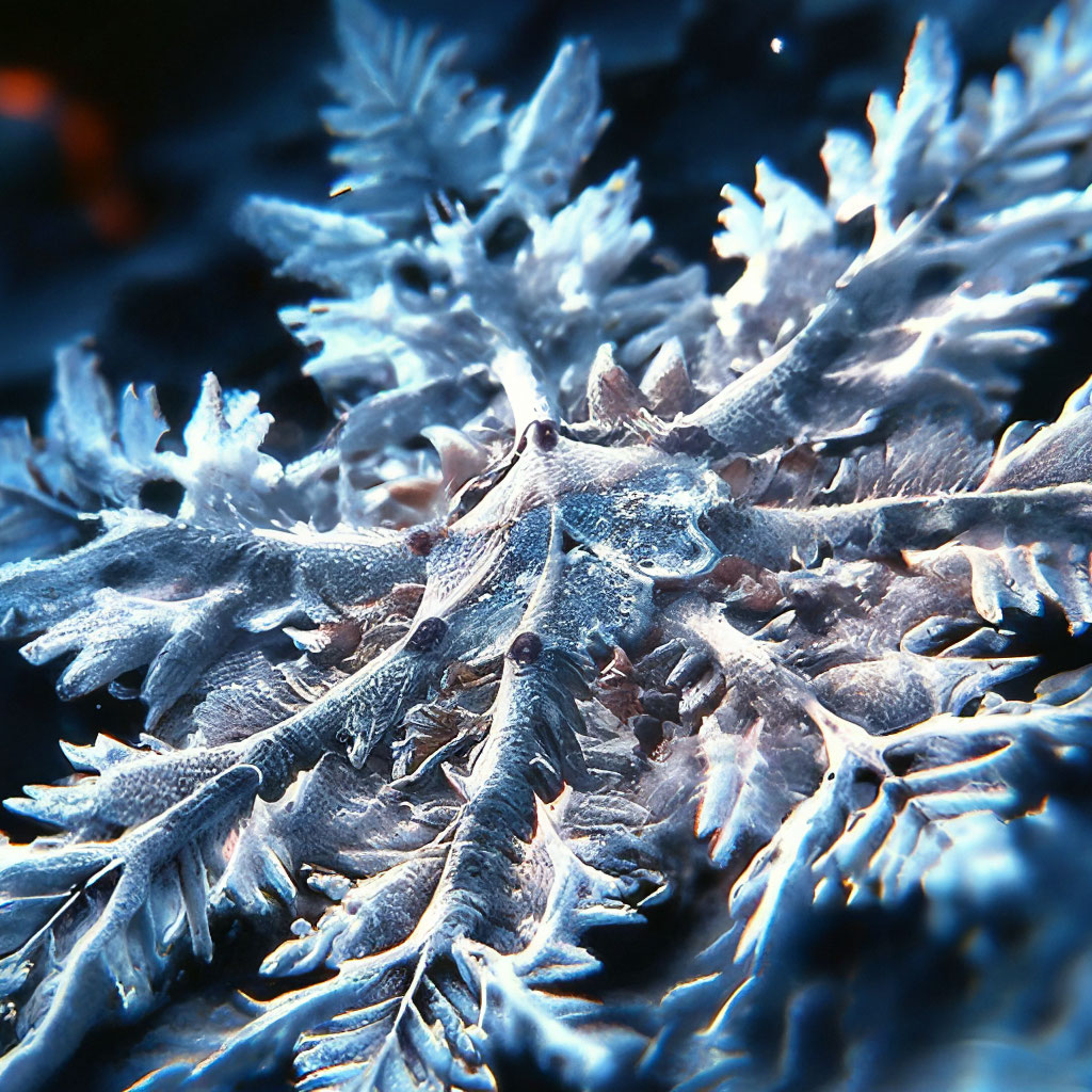 "Cold frosty living snowflake vessels veins under a microscope, fractal ...