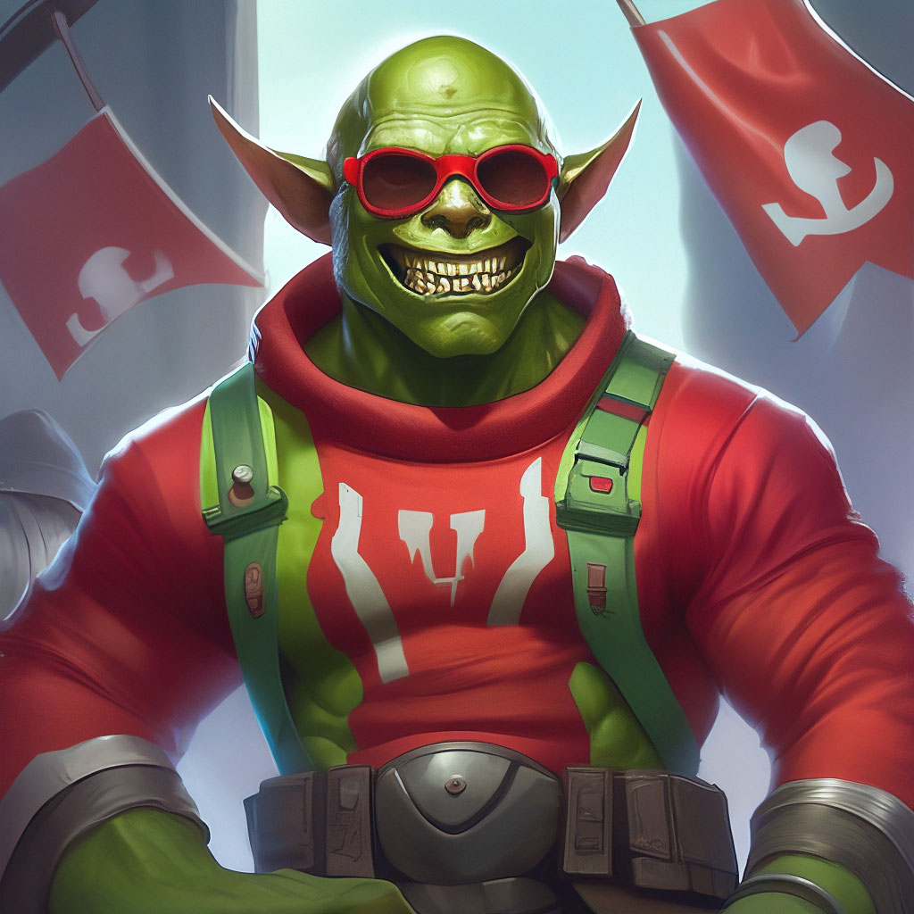 "Orc, big fangs, jock, red turtleneck, glasses, horde banner" — image ...