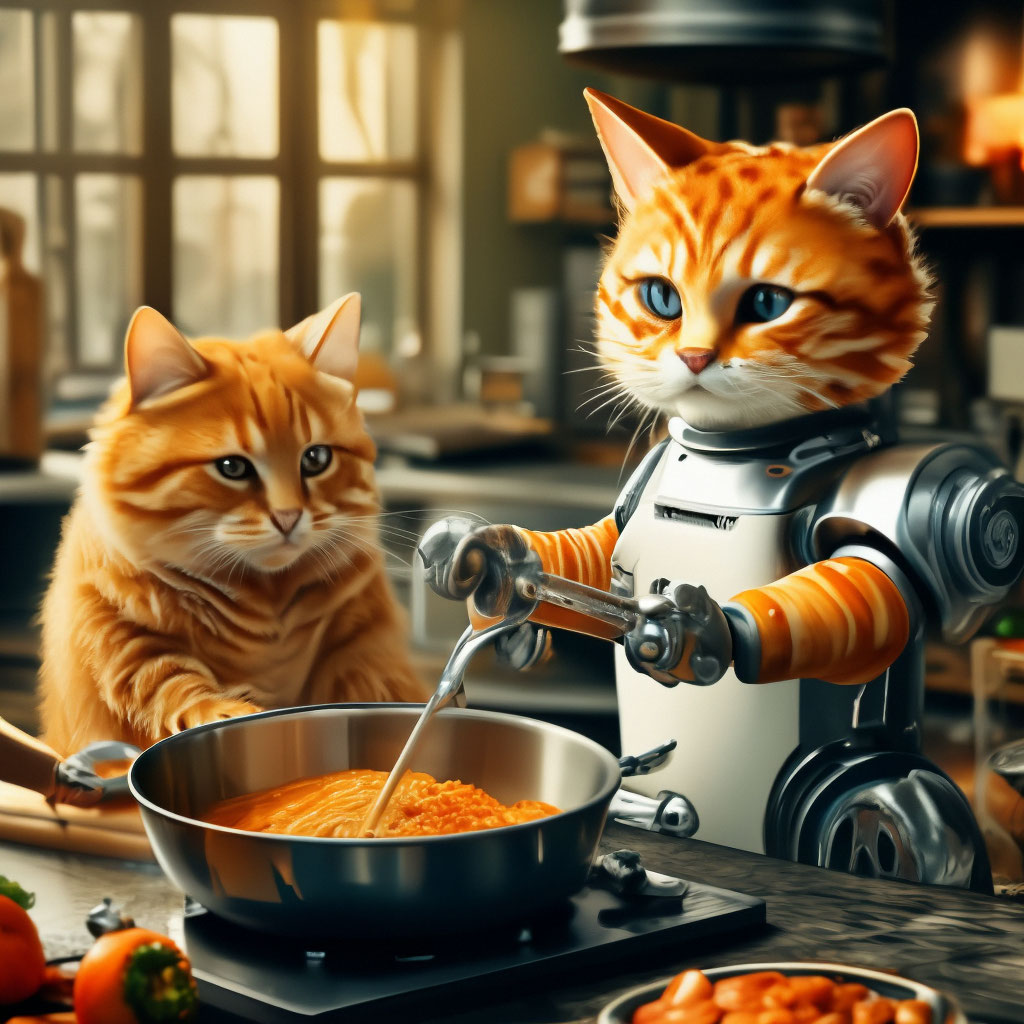 "A kitchen robot and a fat ginger cat participate in a cooking master ...