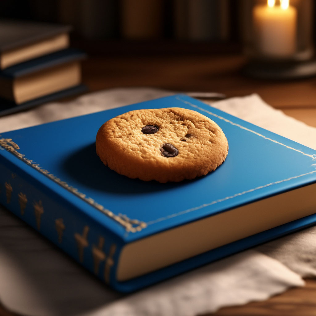 "Blue book, a half-bitten cookie is drawn in the middle of the book, 4k ...