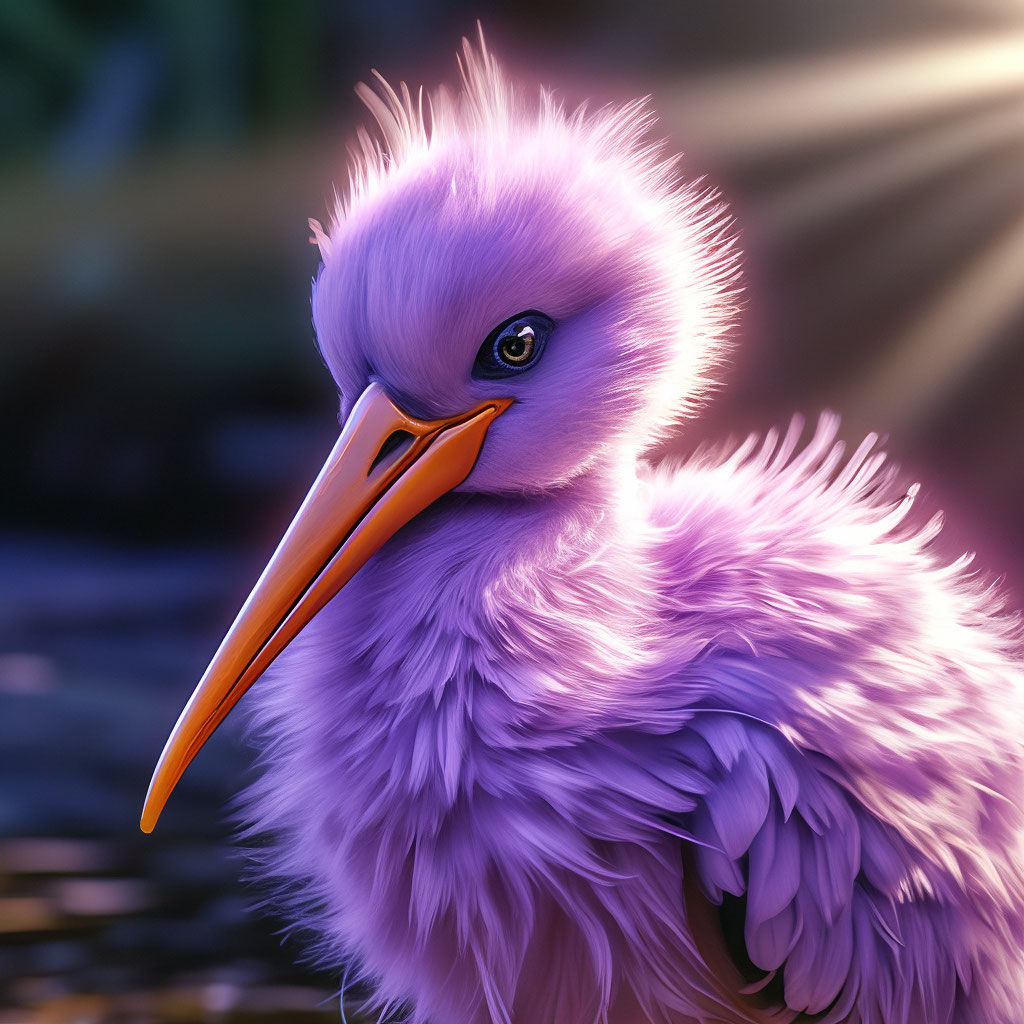"Little fluffy stork purple, angry, sun rays, professional photo ...