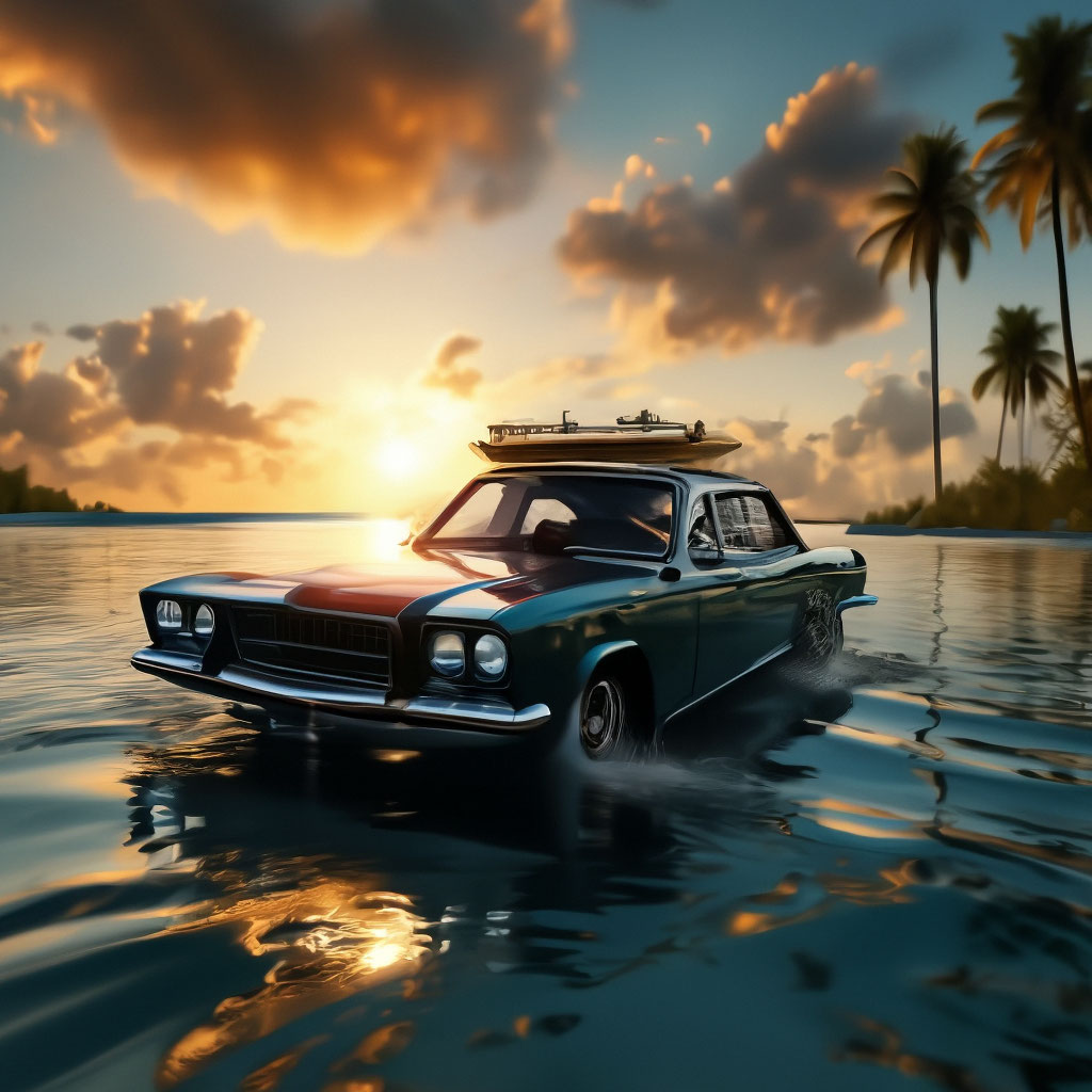 "A moshina from paradise walks on water in paradise" — image created in ...