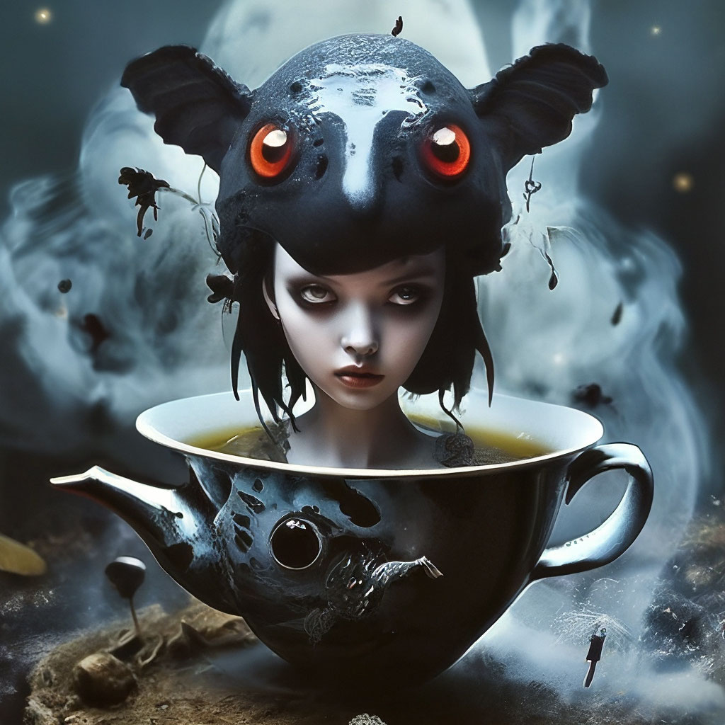 "Collage mutated 3d, beautiful zoontropy hybrid girl+connected+teapot ...