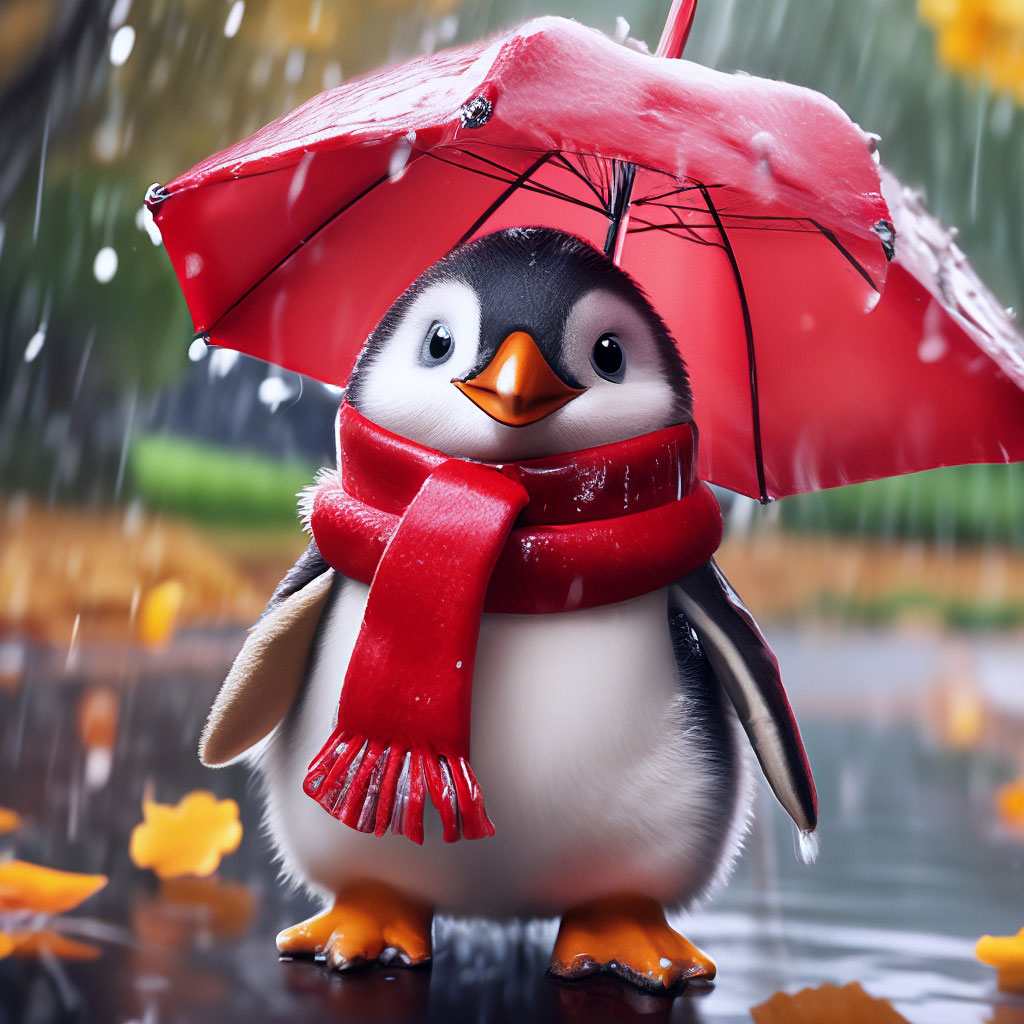 "Penguin!🐧☔ tiny fluffy penguin in red scarf with umbrella on duty and ...